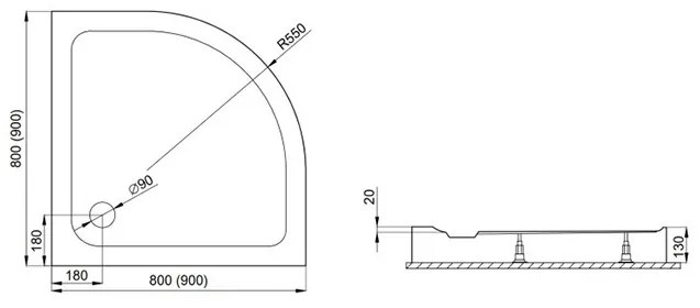 Polimat Kompaktní čtvrtkruhová akrylátová sprchová vanička Standard 1 80x80 (90x90) Barva: Bílá, Rozměry (cm): 80x80