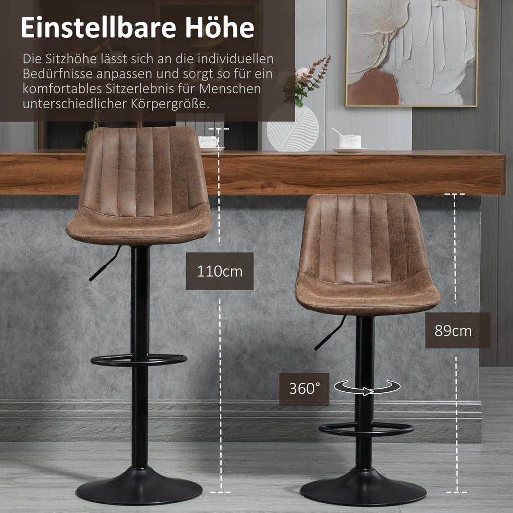 HOMCOM sada 2 barových židlí kuchyňská židle výškově nastavitelná s podnožkami otočná židle hnědá polyester 43 x 46 5 x 89-110 cm pro bar kuchyň