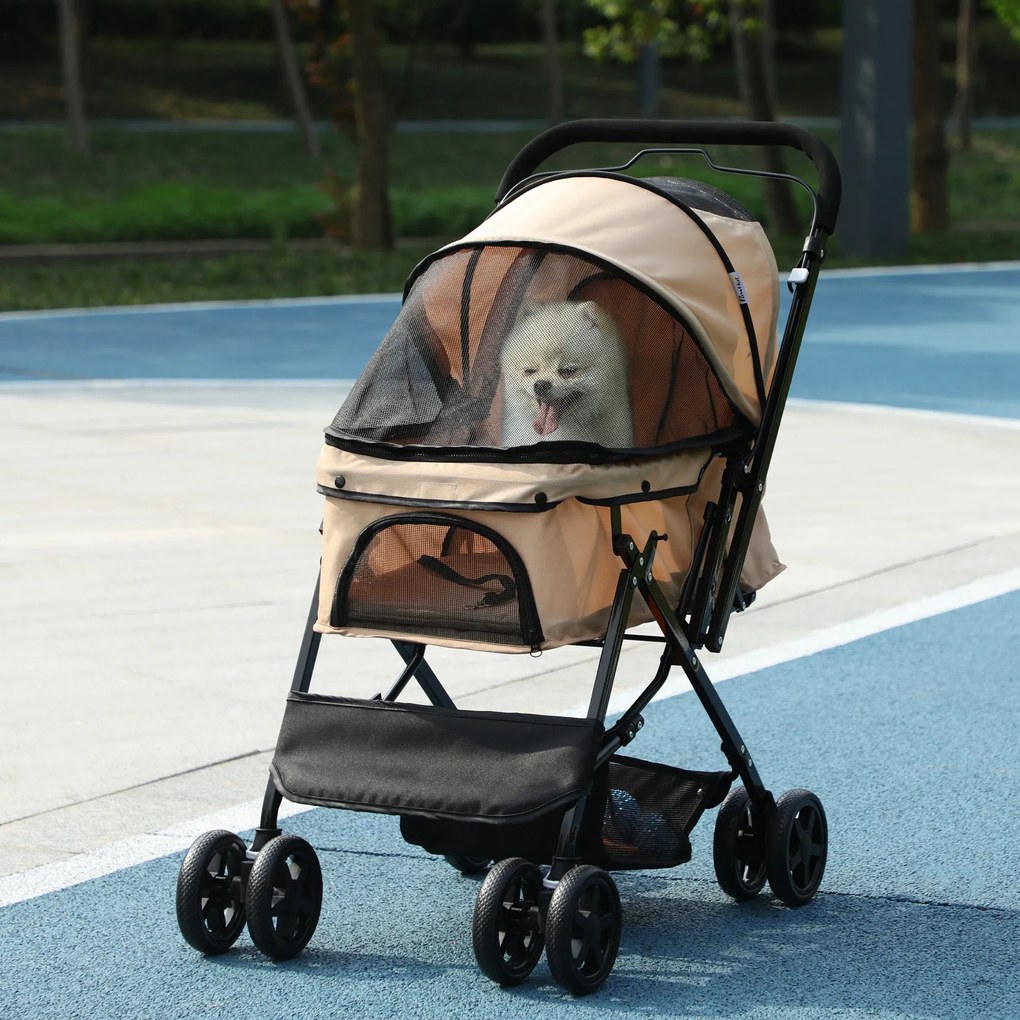 PawHut kočárek pro malé psy a kočky, kočárek pro domácí mazlíčky Oxford světle hnědý 76,5 x 52 x 95 cm, pohodlný a mobilní