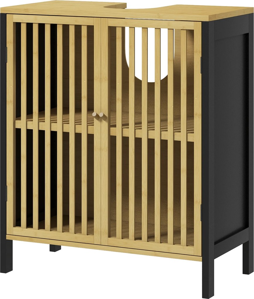 HOMCOM Podložková skříňka pod umyvadlo, koupelnová skříňka se zásuvkami 60 x 30 x 70 cm v černé a přírodní bambusové barvě