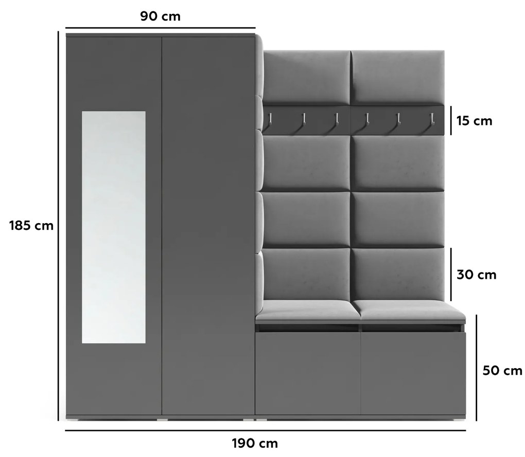 Eka Předsíňová stěna s čalouněnými panely Trinity 8 - Grafit / Tmavě šedá 2315