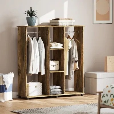 HOMCOM Šatní skříň, nábytek s mobilní úložnou funkcí a 6 kolečky 120 x 40 x 128 cm, hnědé dřevo