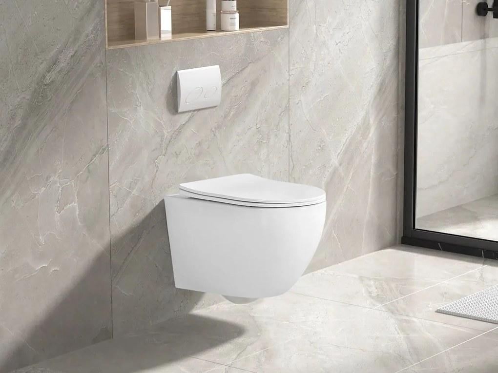 Invena Tinos, závěsná WC mísa Rimless 495x365x360 mm + SLIM toaletní sedátko s pomalým zavíráním, bílá lesklá, INV-CE-91-001-W