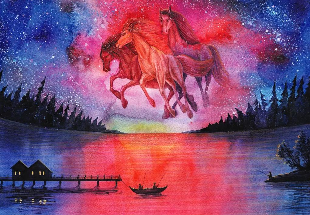 Fototapeta - Zjevení vesmírných koňů nad jezerem, aquarel (245x170 cm)