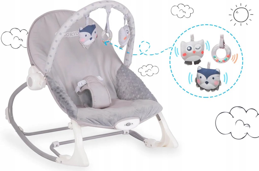 Ricokids Houpací vibrační křesílko/lehátko Grey Owl