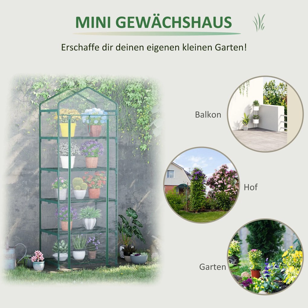 Fóliový skleník Outsunny s 5 policemi, mini skleník pro květiny a zeleninu, zelený průhledný 69x49x193cm