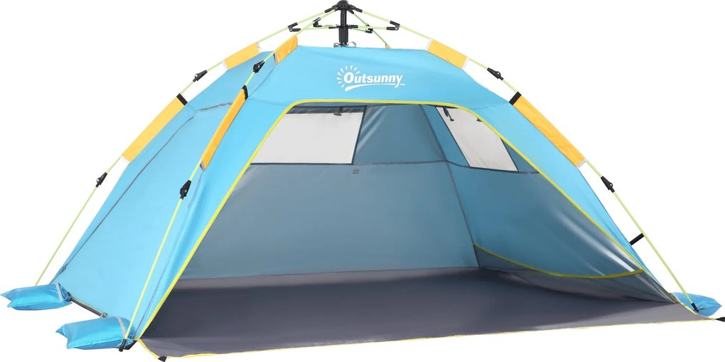 Outsunny Plážový Stan s Vyklápěcími Okny a Zipovým Vstupem, Instantní Polyesterový a Skleněný Stan, 220x173x120 cm, Světlá modrá a žlutá | Aosom