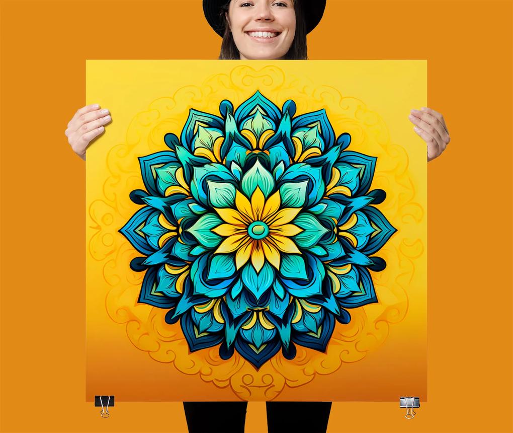 Plakát - Mandala žluto modrý květ FeelHappy.cz Velikost plakátu: 100 x 100 cm