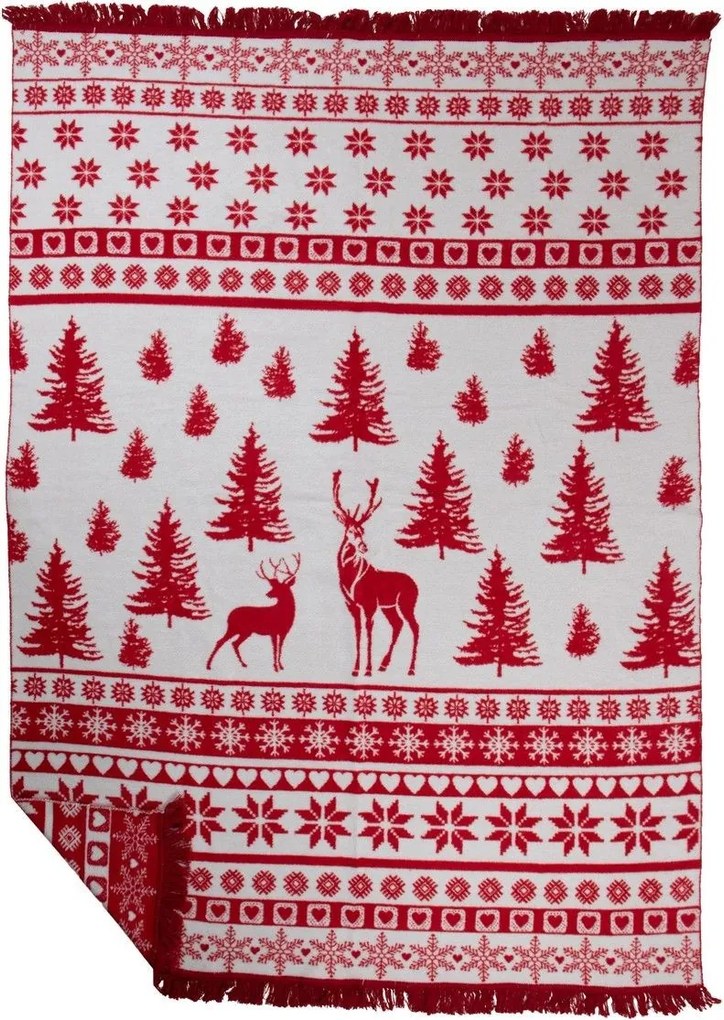 Bílo-červený oboustranný pléd s jeleny Nordic Deer XL – 150*200*3 cm