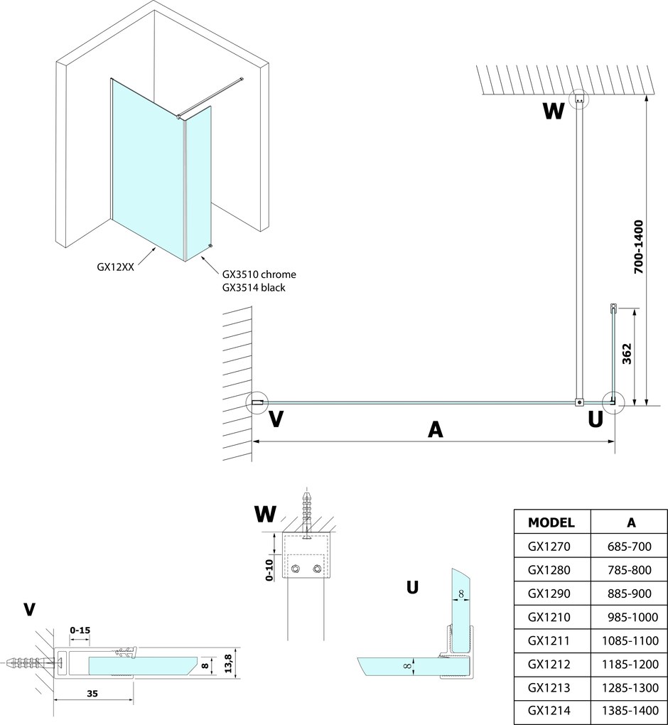 Gelco Vario walk in přídavná boční stěna 35 x 200 cm černá mat sklo čiré GX3514