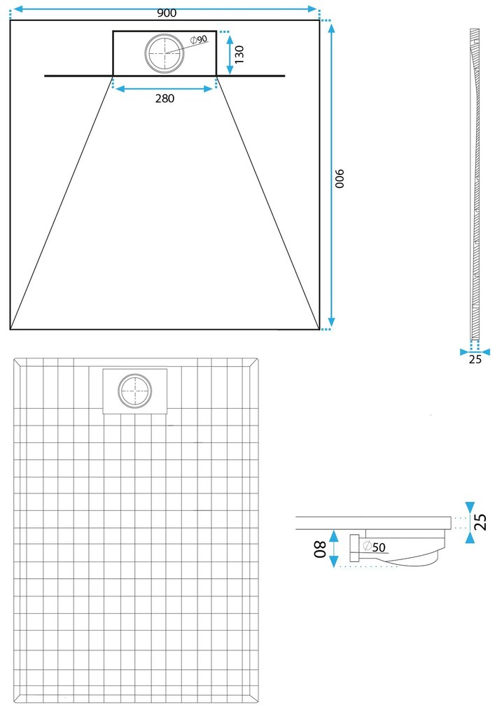 Čtvercová sprchová vanička z SMC kompozitu REA BAZALT 90x90 cm, černá