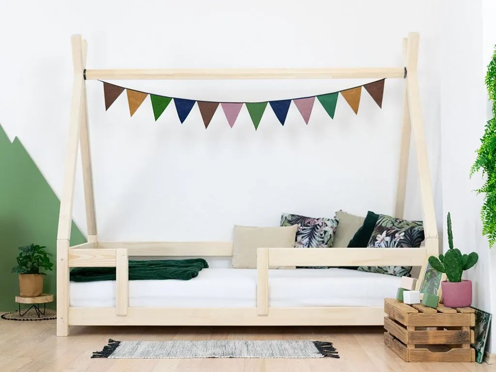 Benlemi Dětská dřevěná postel NAKANA ve tvaru teepee s bočnicí Zvolte barvu: Béžová, Zvolte rozměr: 80x160 cm