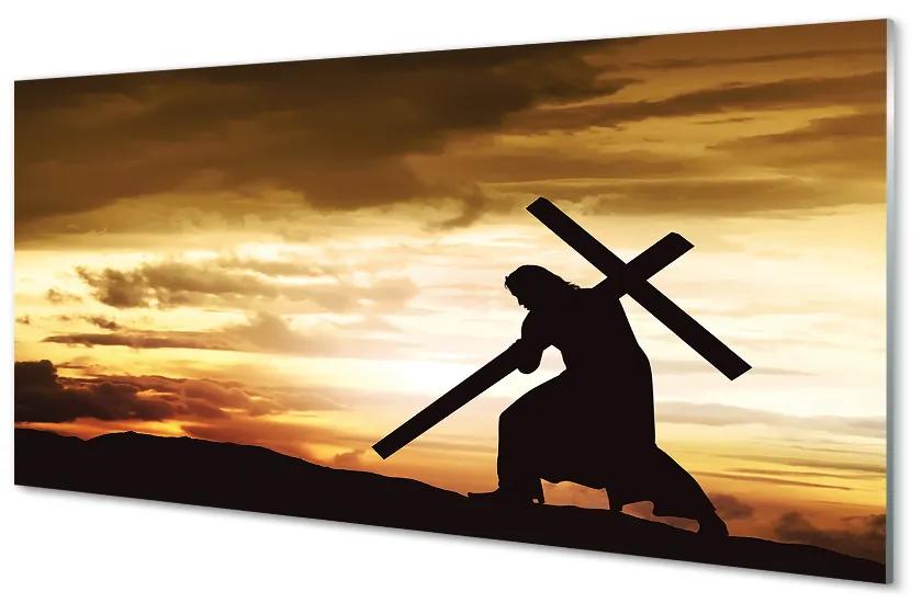 akrylový obraz Jesus cross západ slunce 125x50 cm