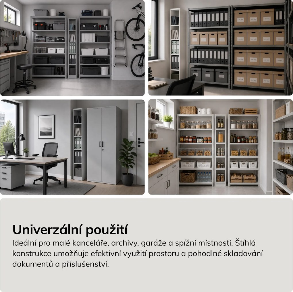 Úzký kovový archivační regál na dokumenty šedý, 250x1950x600 mm: TIM