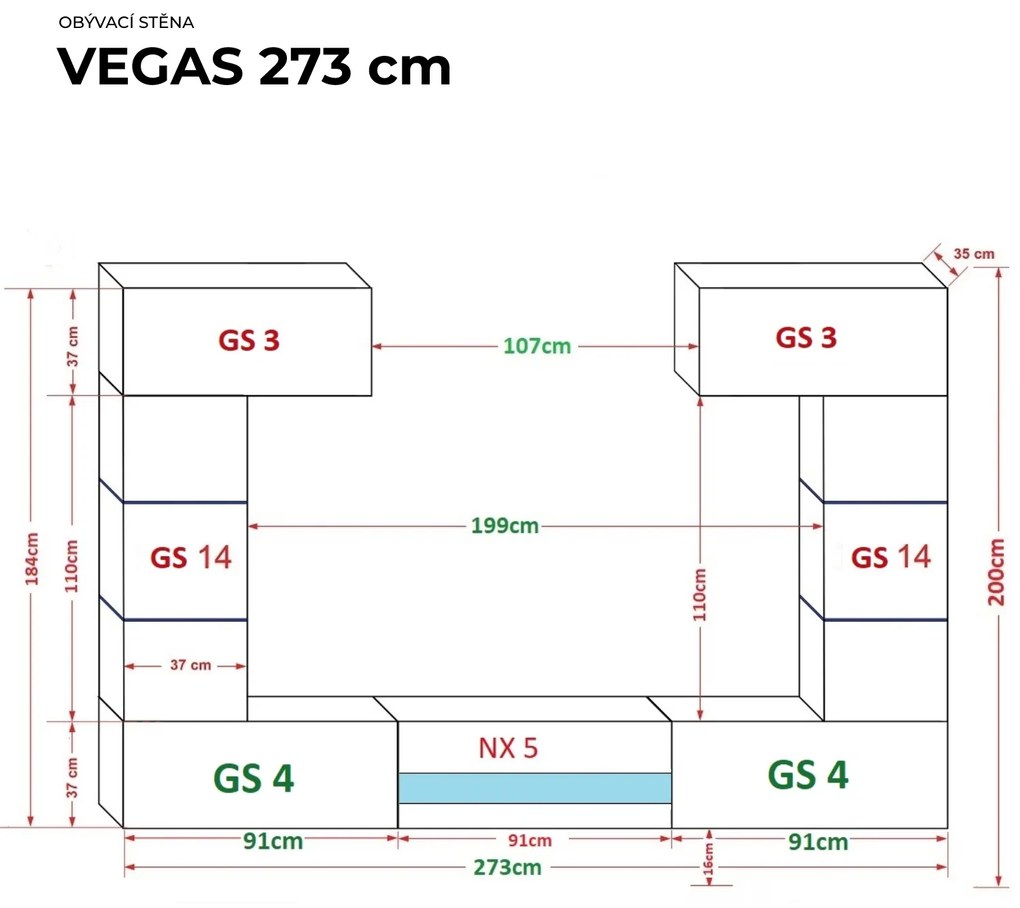 Ral Obývací stěna VEGAS 3, 273 cm - Černý lesk