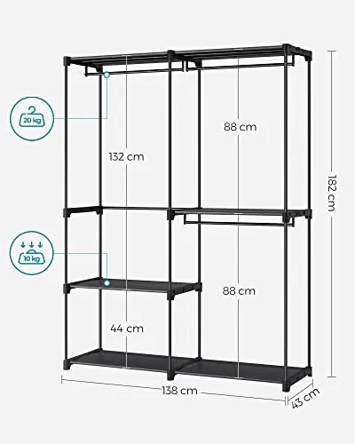 Otevřená šatní skříň se 3 závěsnými přihrádkami, černá, 182x138x43 cm