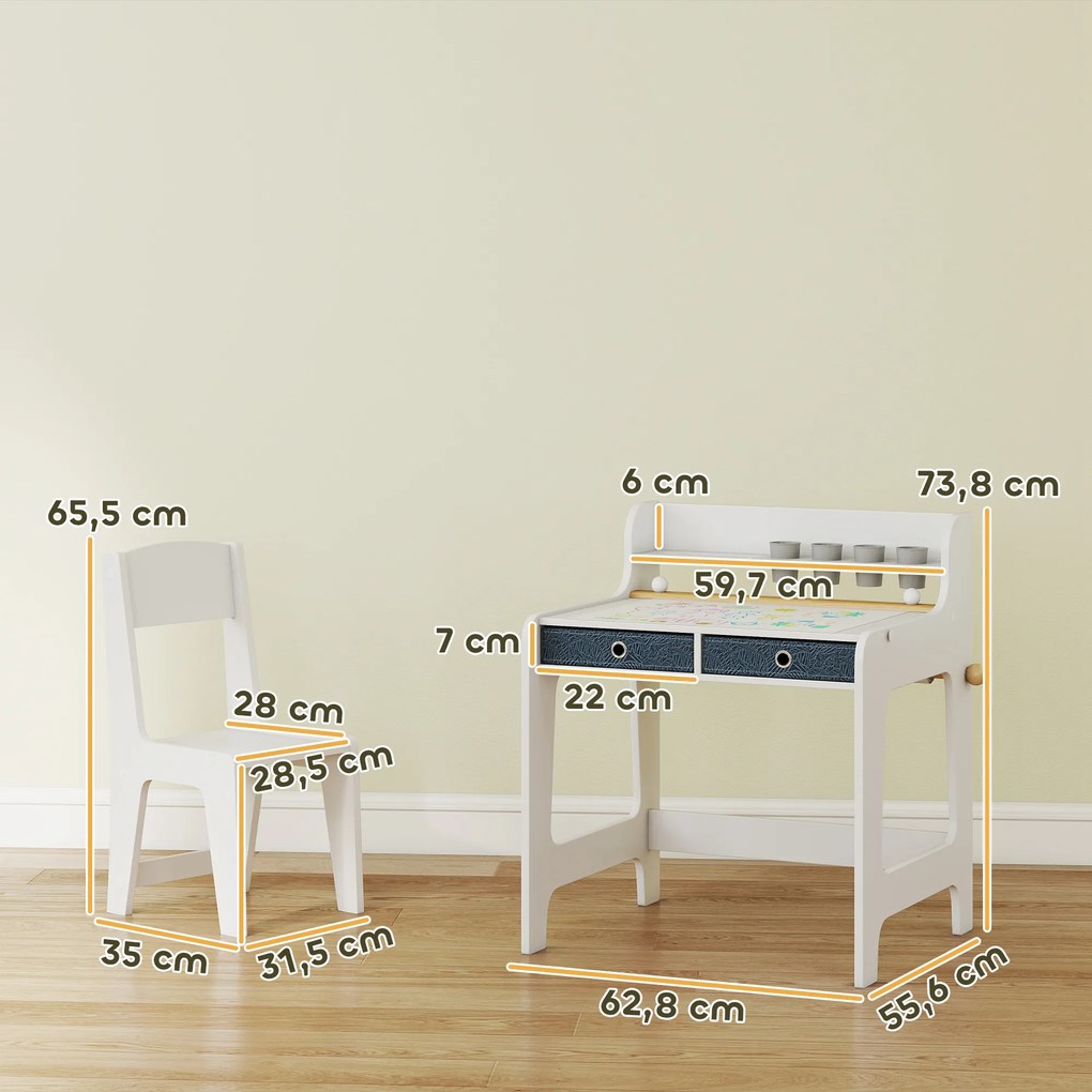 AIYAPLAY Dětský psací stůl s židlí, 2 zásuvky a držák na hrnek, Bílá, 62,8×55,6×73,8 cm