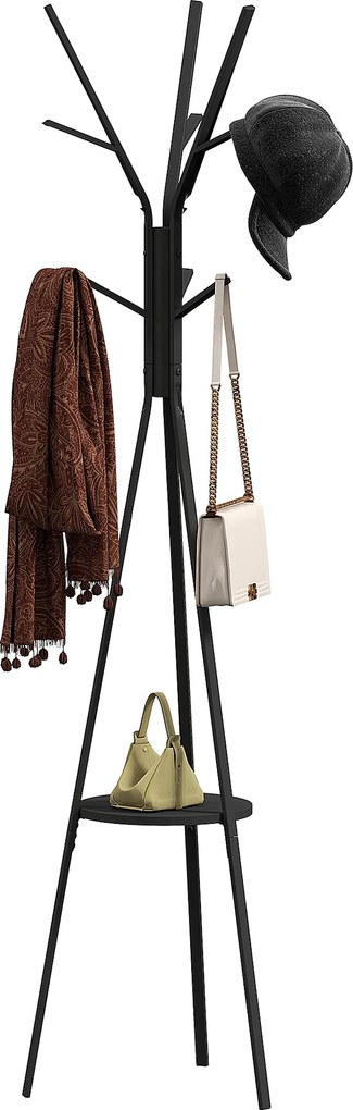 HOMCOM Stojan na oblečení ve tvaru stromu, kovový s 9 háčky a policí, vintage stojan na kabáty do ložnice nebo obývacího pokoje 45x45x180 cm Černý | A