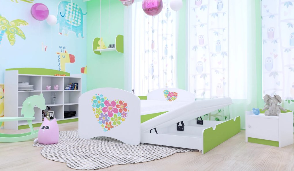 Svět pokojů Dětská postel Kevin pro dvě děti - srdce z květů + matrace zdarma Barva: Zelená, Rozměr: 200x90 cm (+750 Kč), Zábrana: NE