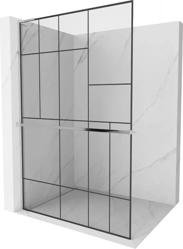 Mexen Kioto+ L, sprchová zástěna Walk-In s poličkou a věšákem 100 x 200 cm, 8mm čiré sklo černý vzor, chromový profil, 800-100-123-01-78