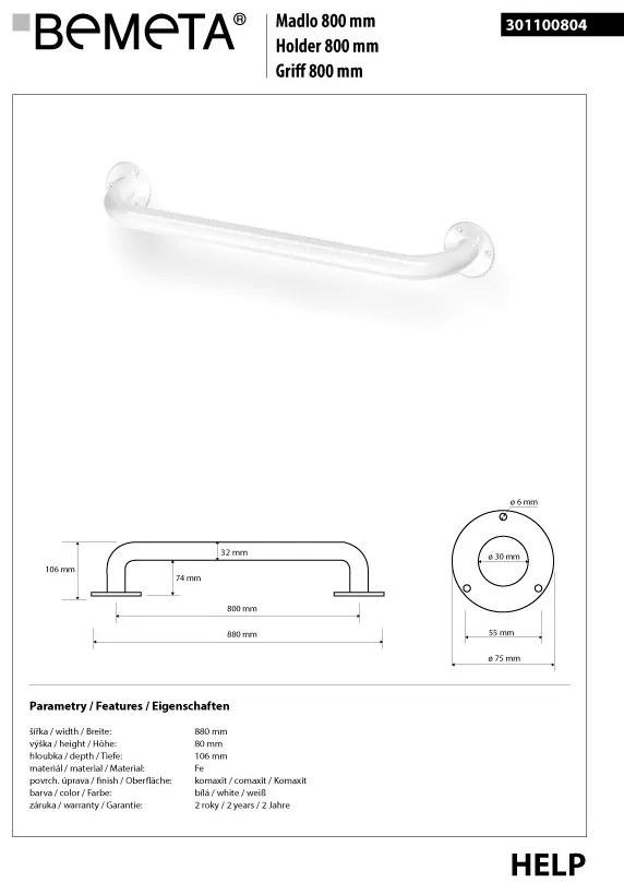 Bemeta Design HELP: Madlo, 800 mm, bez krytky, bílá -