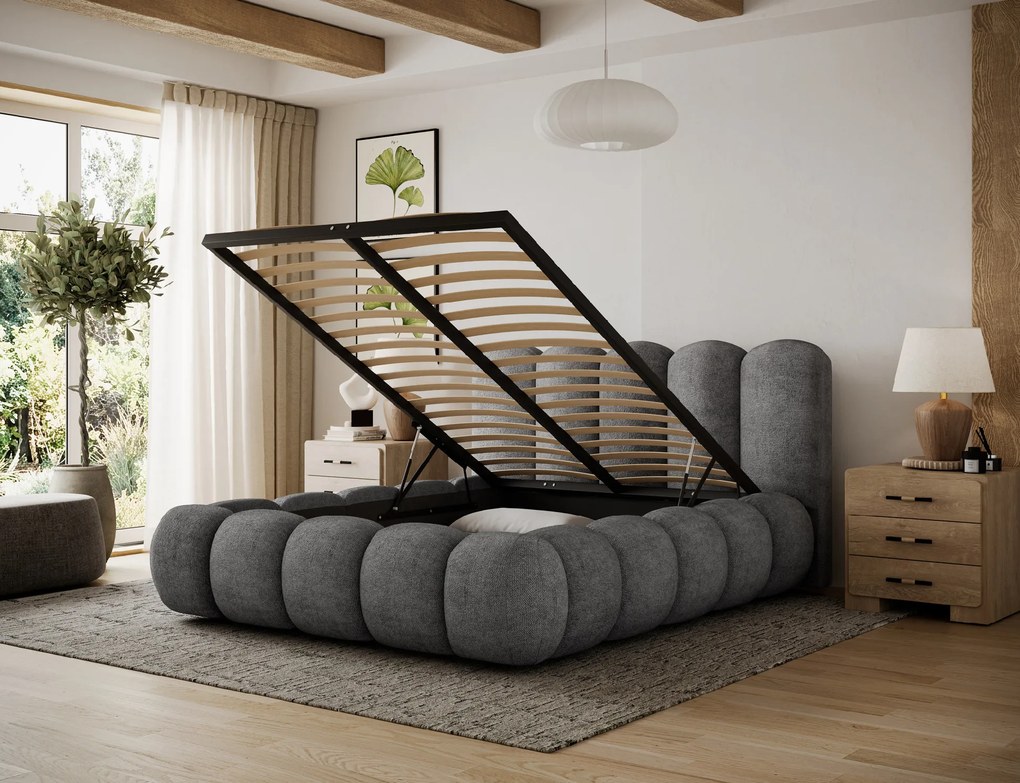 Postel Oloroso 180x200 s kovovým roštem a úložným prostorem, tmavě šedý plyš