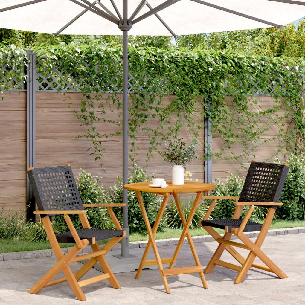3dílný bistro set černý polyratan a masivní dřevo 3281850
