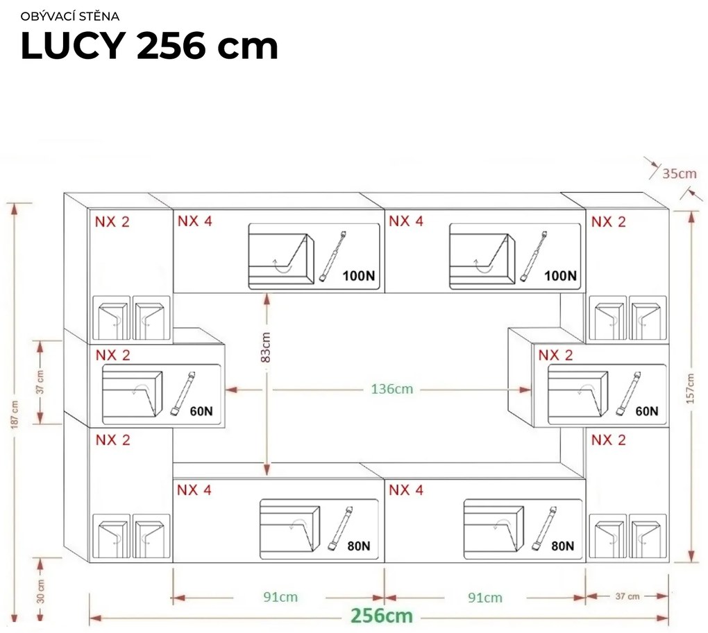 Ral Obývací stěna LUCY 7, 256 cm - Bílý lesk