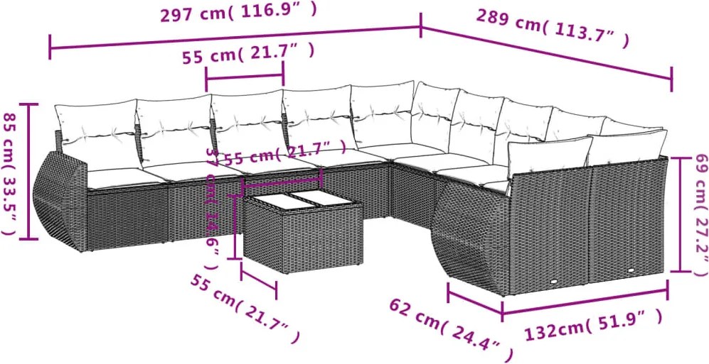 11dílná zahradní sedací souprava s poduškami černá polyratan 3254252