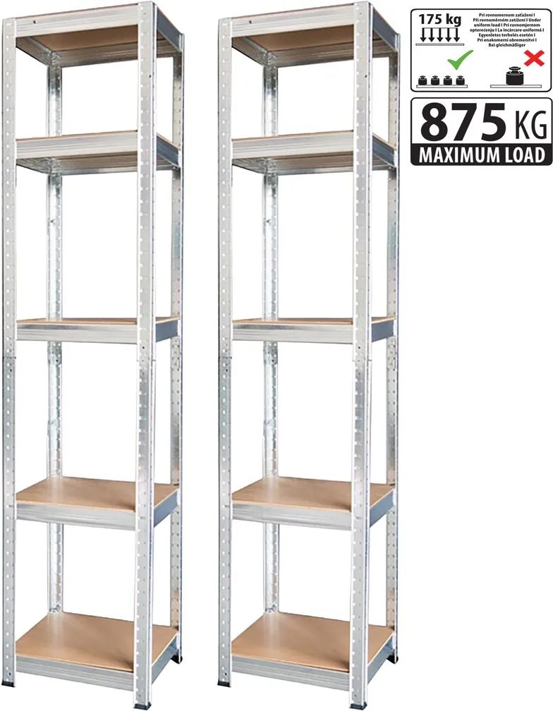 Regál Racks, kovový, MDF, 5 polic, balení 2 ks (1800 x 400 x 400 mm)