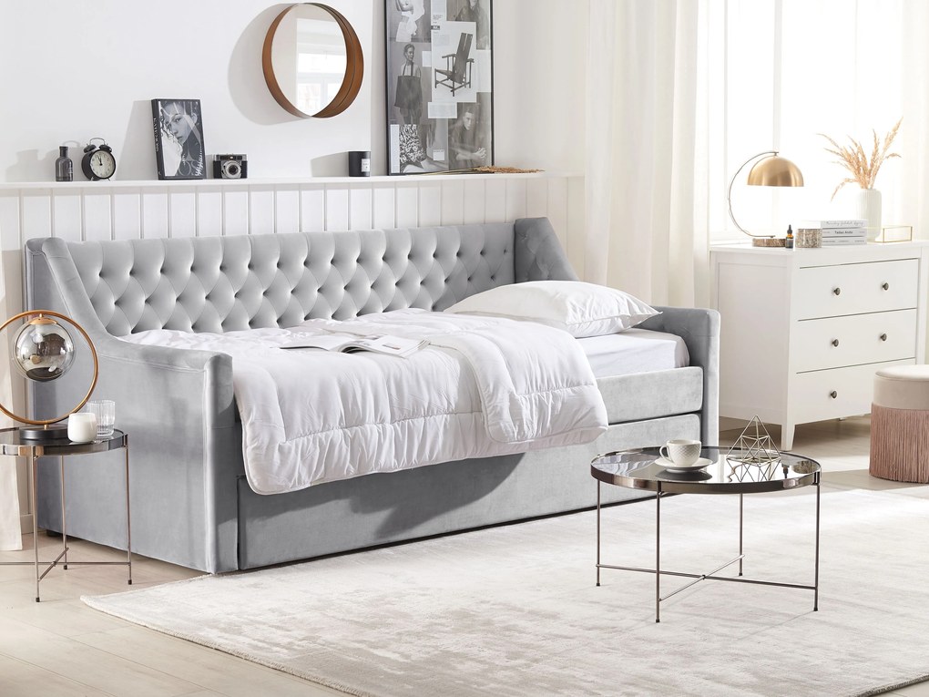 Rozkládací sametová postel 90 x 200 cm šedá MONTARGIS Beliani