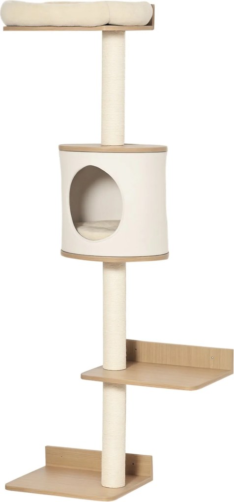PawHut Nástěnný kočičí strom 38x30x149 cm s vícero dřevěnými platformami, jeskyní, horní postelí, odnímatelným polštářem, sisalovými škrabacími sloupy