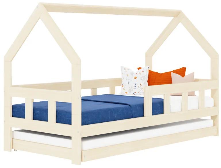 Benlemi Dětská postel domeček FENCE 2v1 ze dřeva se zábranou a přistýlkou Zvolte barvu: Béžová, Zvolte rozměr: 90x190 cm, Zvolte zábranu: S jednou zábranou