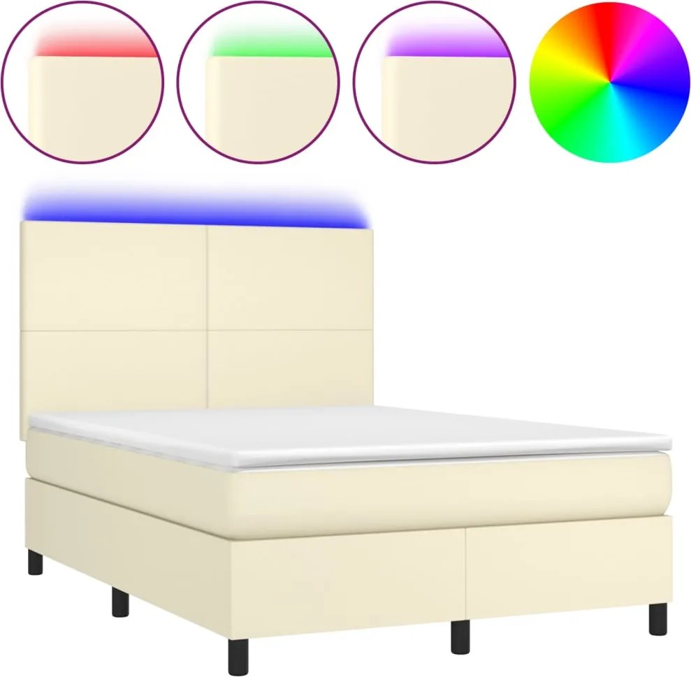Box spring postel s matrací a LED krémová 140x190 cm umělá kůže 3135821