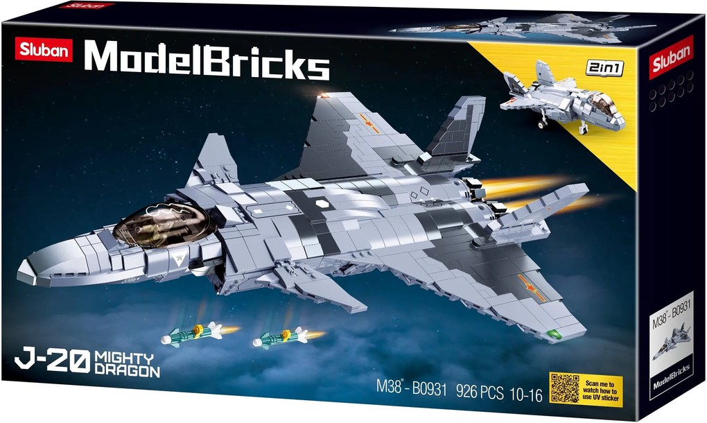 Stavebnice sluban model bricks m38-b0931 stíhací letoun j-20 mighty dragon 2v1