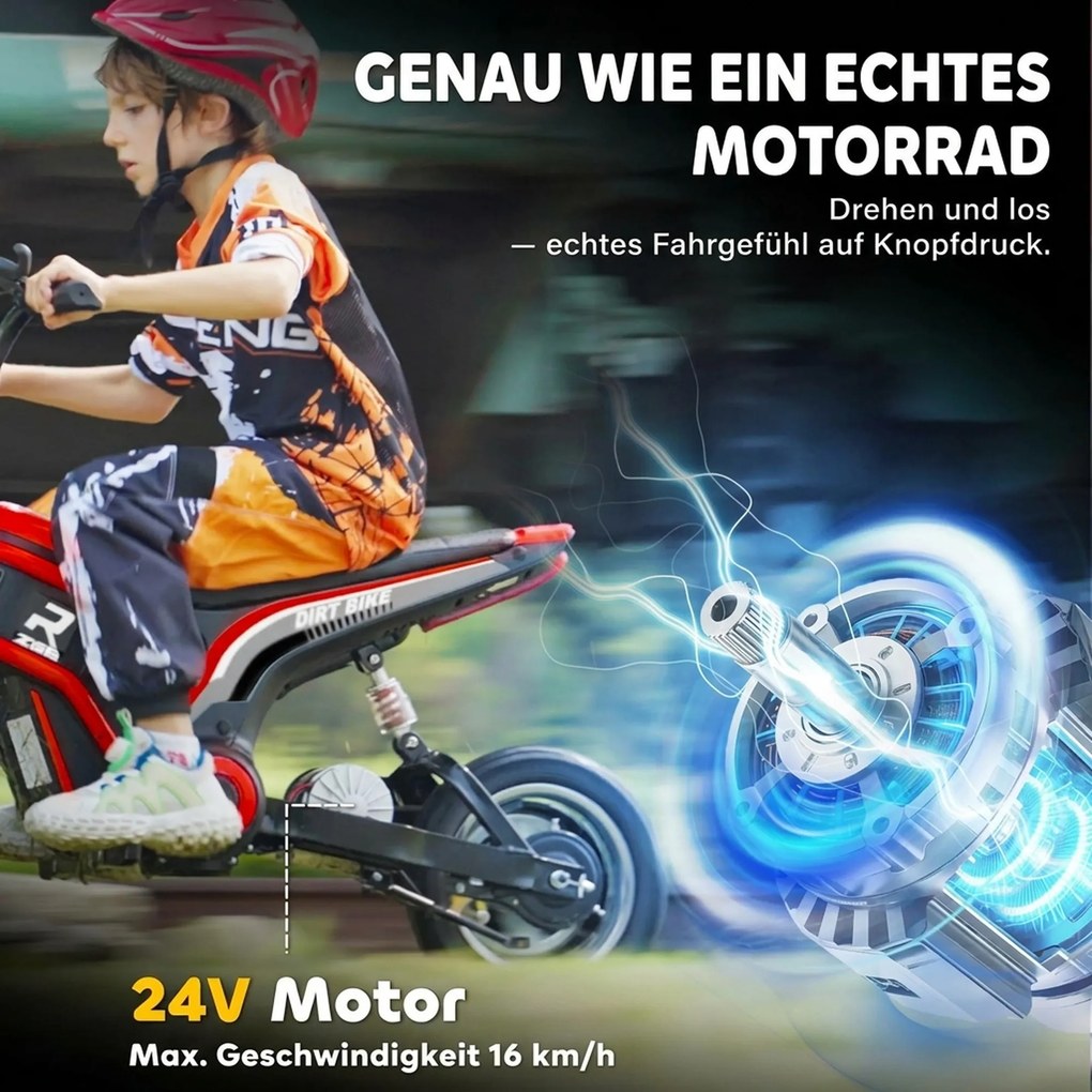 HOMCOM Elektrická Motorka pro Děti s Motorem 24V 350W, Rychlostní Mód 8-16 KM/H, 12-Palcové Pneumatické Pneumatiky, Elektrická Motorka s Hudebními Sv…