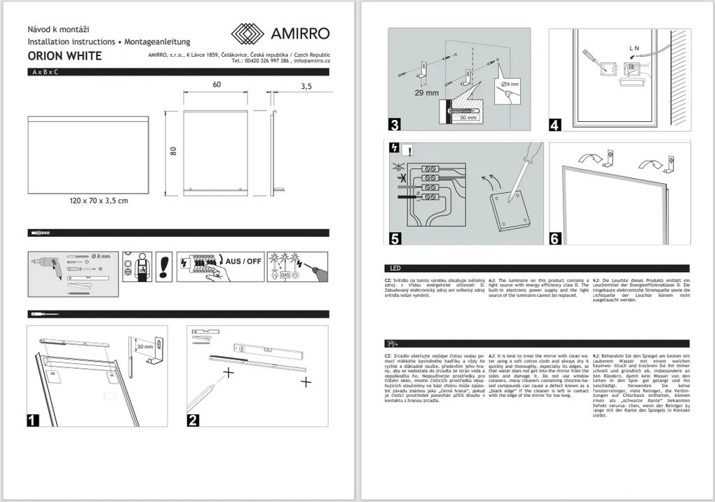 Zrcadlo na zeď dveře chodbu do pokoje ložnice koupelny předsíně ORION WHITE 60 x 80 cm s LED osvětlením a podsvícenou poličkou 411-583