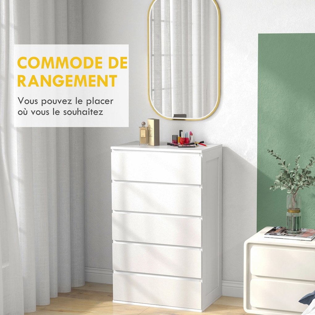 HOMCOM Komoda s 5 šuplíky - Moderní Stylový Úložný Prvek s Hladkým Uzavíracím Mechanismem pro Ložnici, Obývací Pokoj - 60 x 38 x 100 cm, Bílá | Aosom