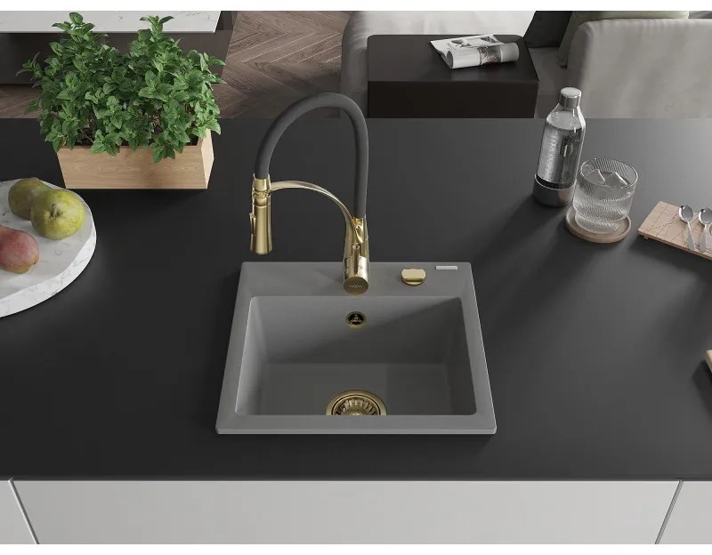 Mexen Milo, 1-komorový granitový dřez 435x410x171 mm a dřezová baterie Aster, šedá, 6505-71-73450-57-G