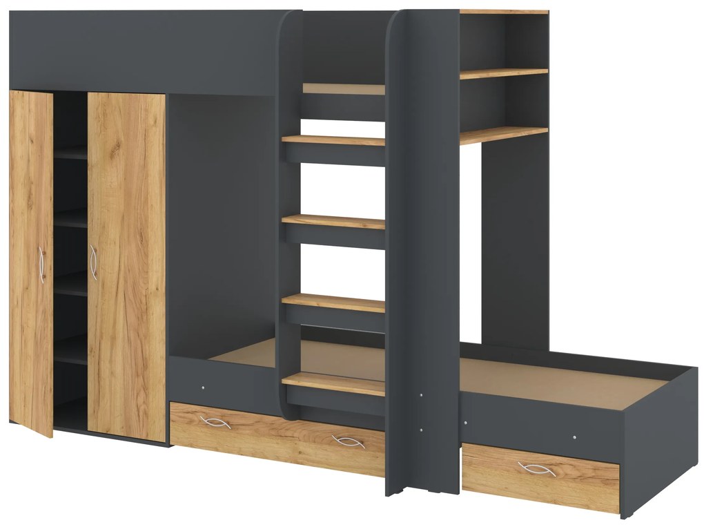 Vomaks unit, s.r.o. Patrová postel NEMO, 80 x 190 cm, se šatní skříní a zásuvkami Barva: dub sonoma + bílá