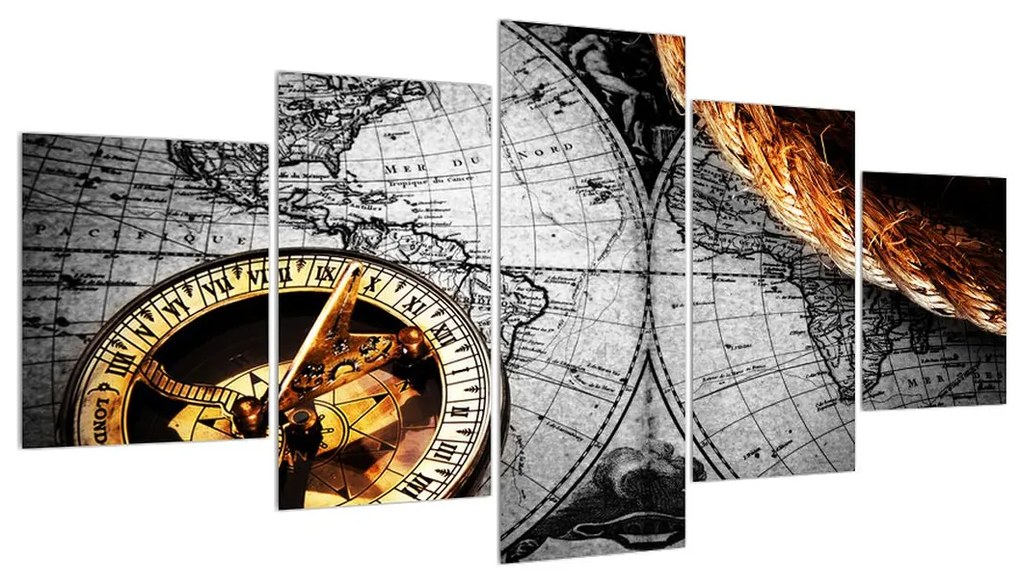 Historický obraz mapy světa a kompasu (150x80 cm)