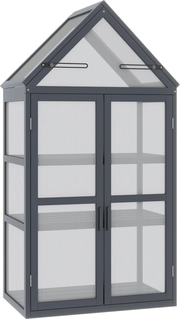 Outsunny Mini Skleník 3 Patra Zahradní Postel s Otevíratelnou Střechou a Dvojitými Dveřmi z Dřeva a Polykarbonátu, Voděodolný, Přírodní, 70,5 x 42 x 1