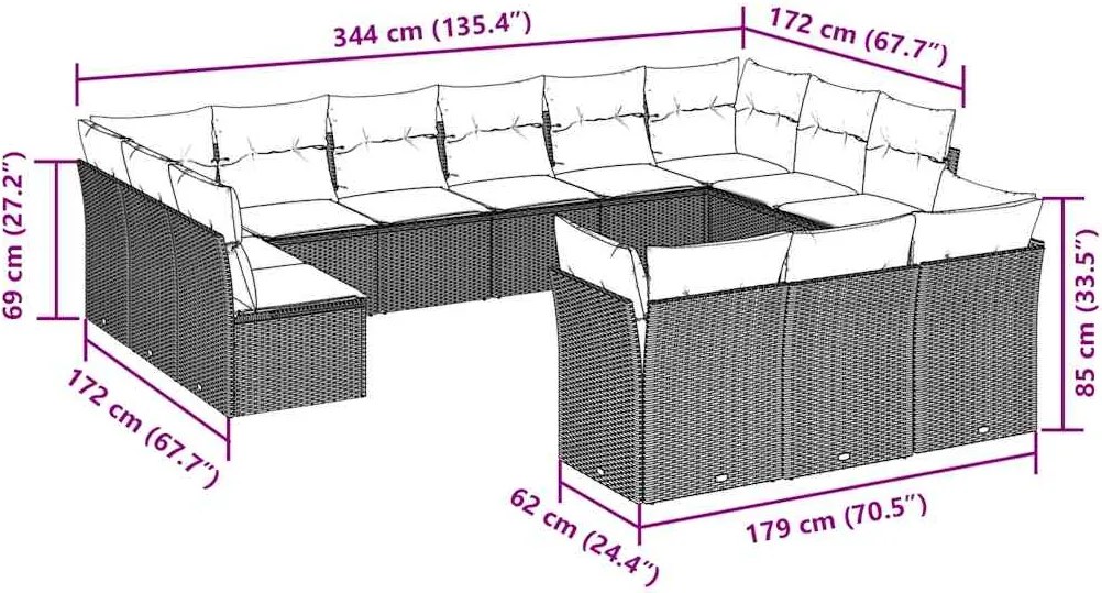 13dílná zahradní sedací souprava podušky světle šedá polyratan 3250291