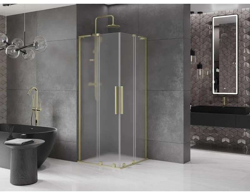 Mexen Velar L Duo, sprchový kout s posuvnými dveřmi 100 x 100 cm, 8mm sklo námraza, zlatá matná, 871-100-100-02-33-55