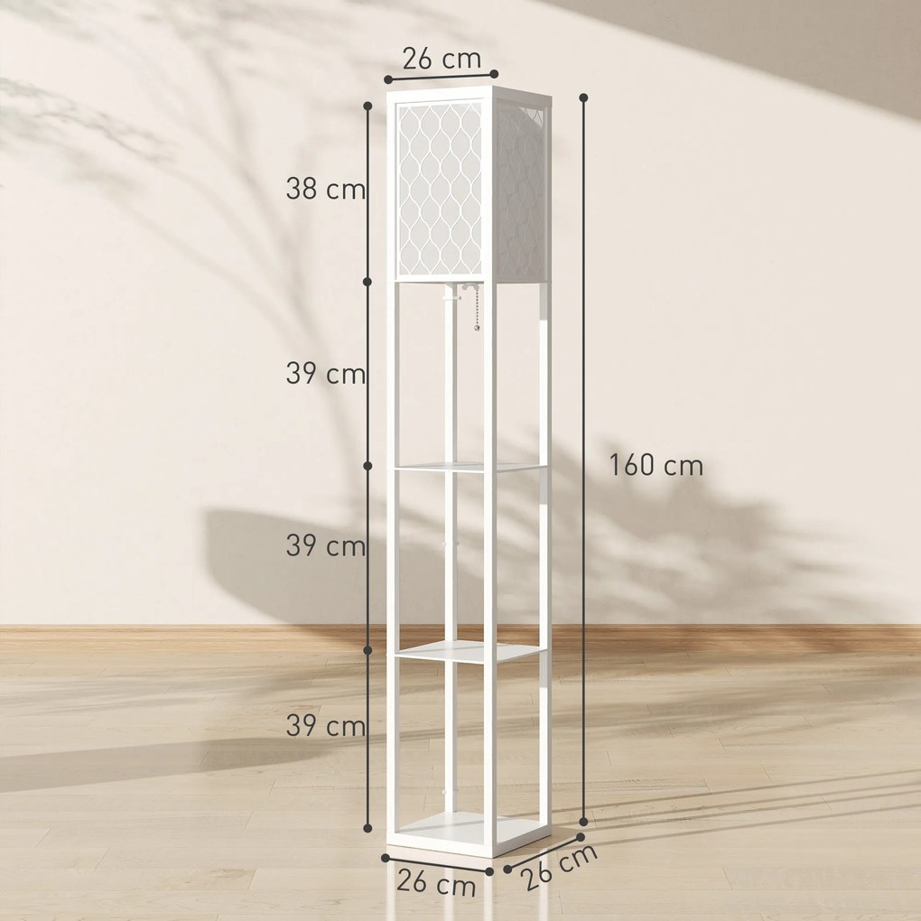 HOMCOM Stojací lampa s policí, 3 přihrádky, kompaktní rozměry, MDF, bílá