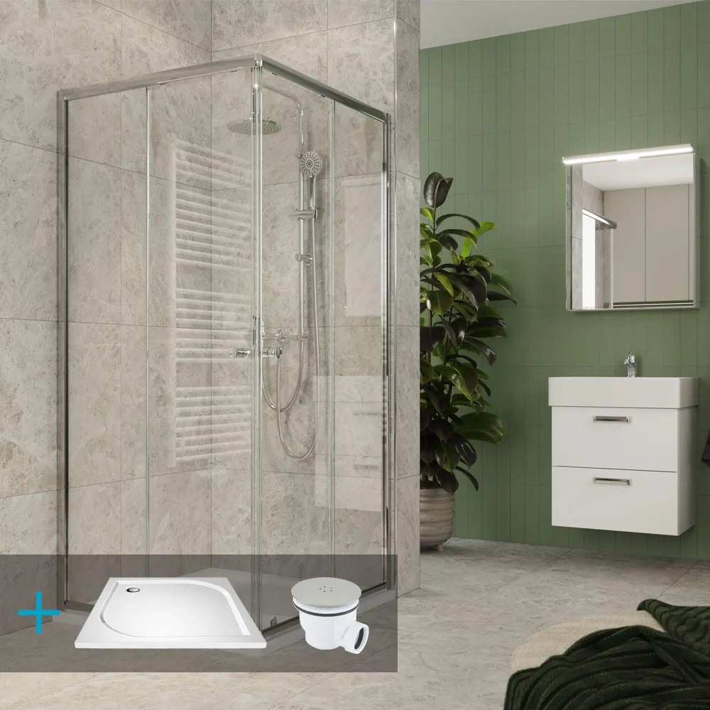 Mereo, Mereo Kora Lite sprchový set: sprchový kout 80x80x185cm, chrom ALU, čiré sklo, 80 cm, vanička, sifon, MER-CK34133ZM