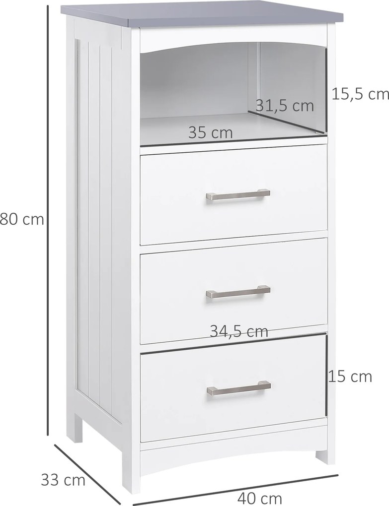 Kleankin Volně stojící koupelnová skříňka se 3 zásuvkami a 1 otevřenou přihrádkou - 40 x 33 x 80 cm - Bílá