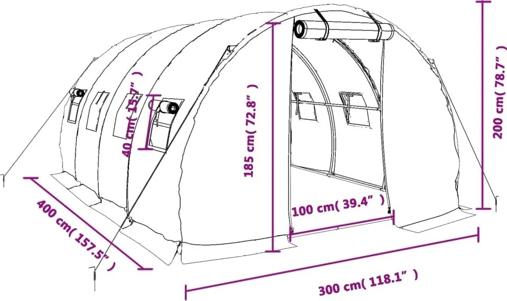 vidaXL Skleník s ocelovým rámem 12 m² 4 x 3 x 2 m [3188039] Barva: Zelená