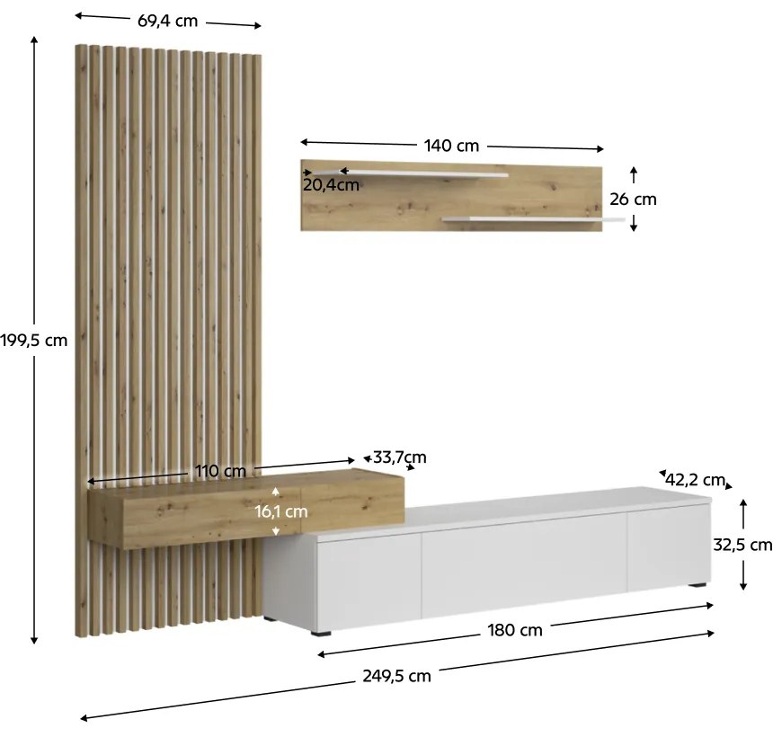 Kondela Obývací stěna, bílá/dub artisan, REBEKA PLUS
