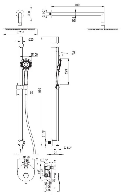 Deante Concealed shower set, with sliding bar - with shower head
